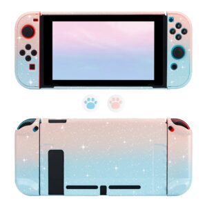 fanpl glitter case for nintendo switch, hard shell dockable protective case cover for switch and joycon controller with glitter cat paw thumb grips (gradient pink and blue)