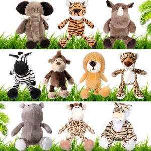 hydren 10 pcs safari stuffed animals plush jungle animal toys for girls boys, elephant giraffe lion tiger monkey rhinoceros zebra white tiger leopard hippo for school classroom achievement award