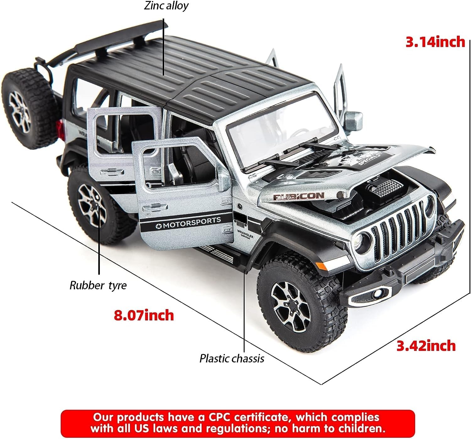 BDTCTK Off-Road 7 Door for Wrangler Diecast Toy Car Model, 1/22 Scale Metal Alloy Vehicle for Kids Boys Girls Adults, Doors Open, Light and Sound, Gifts Gray