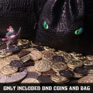 145PCS Metal DND Coins & Leather Bag, Contains 60 Gold Coins, 40 Sliver Coins, 40 Copper Coins and 5 Platinum Coins, Tokens with Glow in The Night Eyes Bag for RPG Tablelap Games