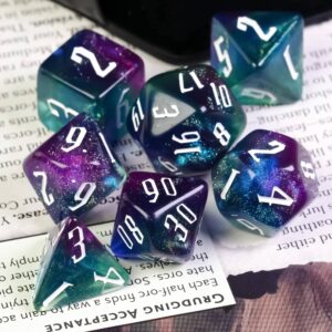 KSNDie Polyhedral DND Dice Set for Dungeon and Dragons, 7-Die D&D Dice Sets for RPG Role Playing Games,d and d, Purple Mix Blue Green Nebula Dice