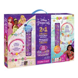 make it real disney princess 2 in 1 deluxe royal jewels & gems - disney princess craft kit with disney charms & beads - disney princess jewelry making kit for girls 8-10-12-14