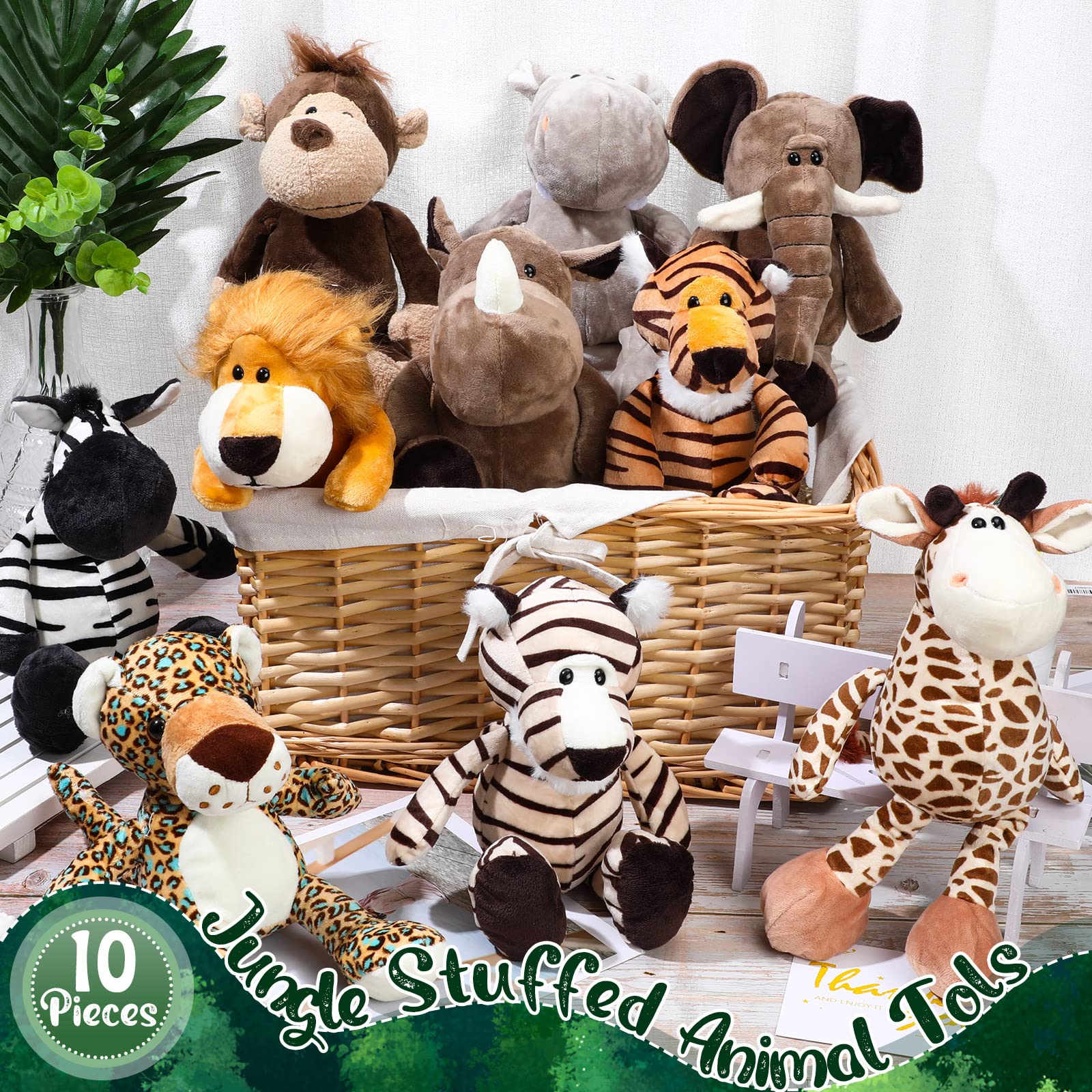 HyDren 10 Pcs Safari Stuffed Animals Plush Jungle Animal Toys for Girls Boys, Elephant Giraffe Lion Tiger Monkey Rhinoceros Zebra White Tiger Leopard Hippo for School Classroom Achievement Award