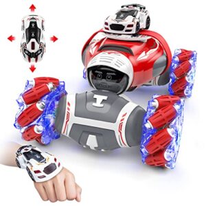 powerextra 2023 new remote control car, 1:12 gesture control rc stunt car with light & music, 4wd transform off road double side 360° rotating glove racing toy car, 90+ mins play car