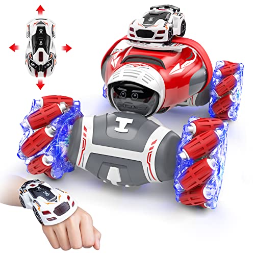 Powerextra 2023 New Remote Control Car, 1:12 Gesture Control Rc Stunt Car with Light & Music, 4WD Transform Off Road Double Side 360° Rotating Glove Racing Toy Car, 90+ Mins Play Car