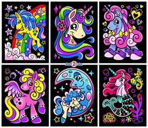 unicorn joy - 6 pack of fuzzy velvet coloring posters for kids, toddlers, girls (all ages arts and crafts coloring activity) shareable fun with rainbow, moon, mermaid, flower, and more