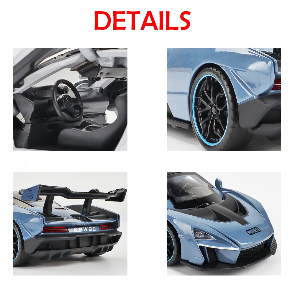 Alloy Collectible Blue McLaren Senna Toy Vehicle Pull Back DieCast Car Model with Lights and Sound