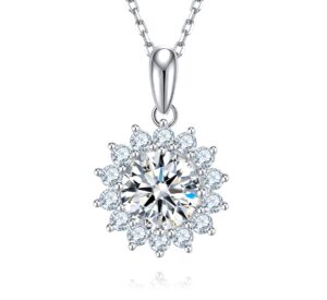 secretalk 1-4ct moissanite pendant necklace for women, sunflower 18k white gold plated silver diamond necklace gift for wife mother her (4ct)