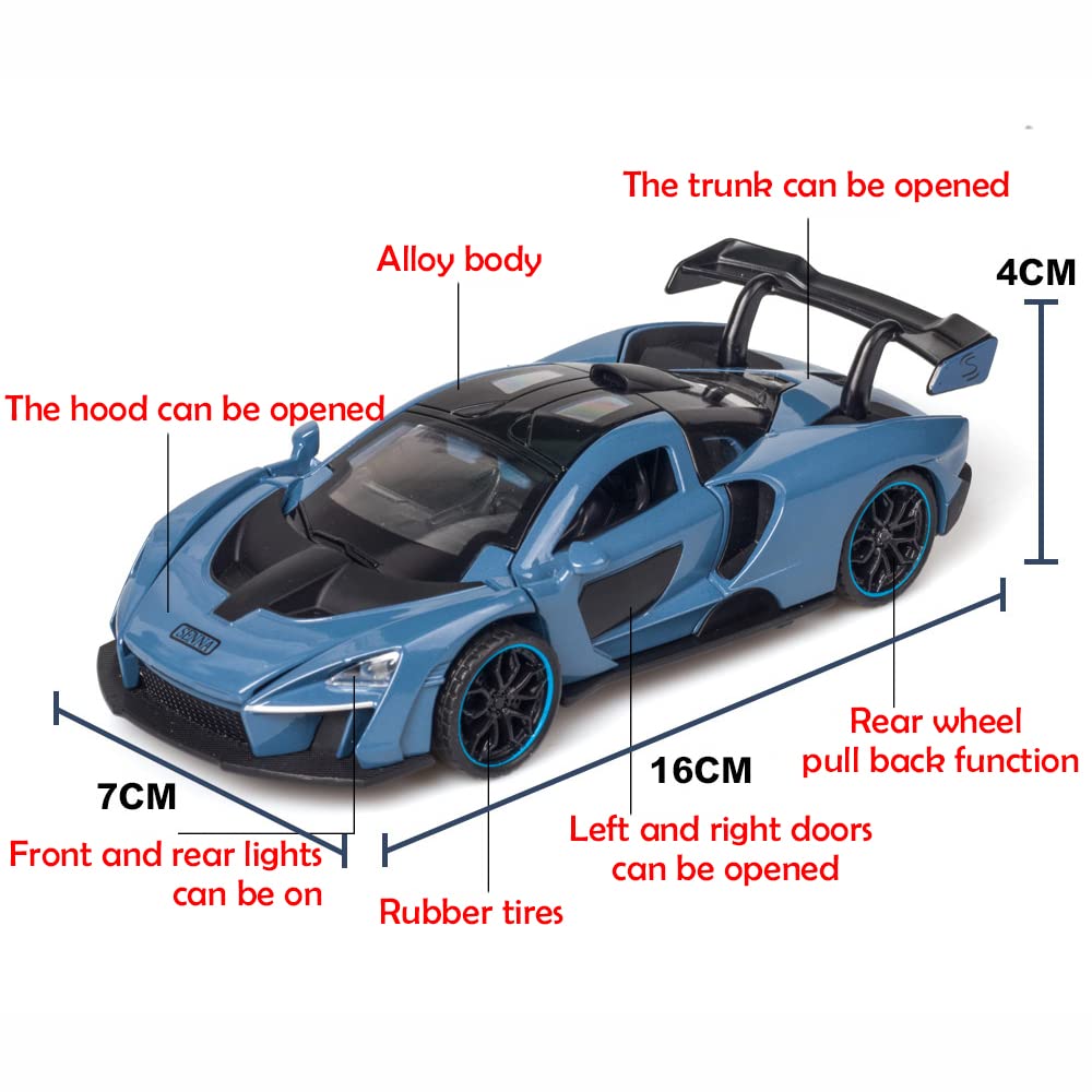 Alloy Collectible Blue McLaren Senna Toy Vehicle Pull Back DieCast Car Model with Lights and Sound