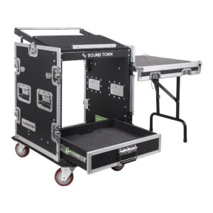 sound town 12u pa dj pro audio rack/road ata case with 2u drawer, 11u slant mixer top, dj work table, casters, pro tour grade (mr-dr12ut)