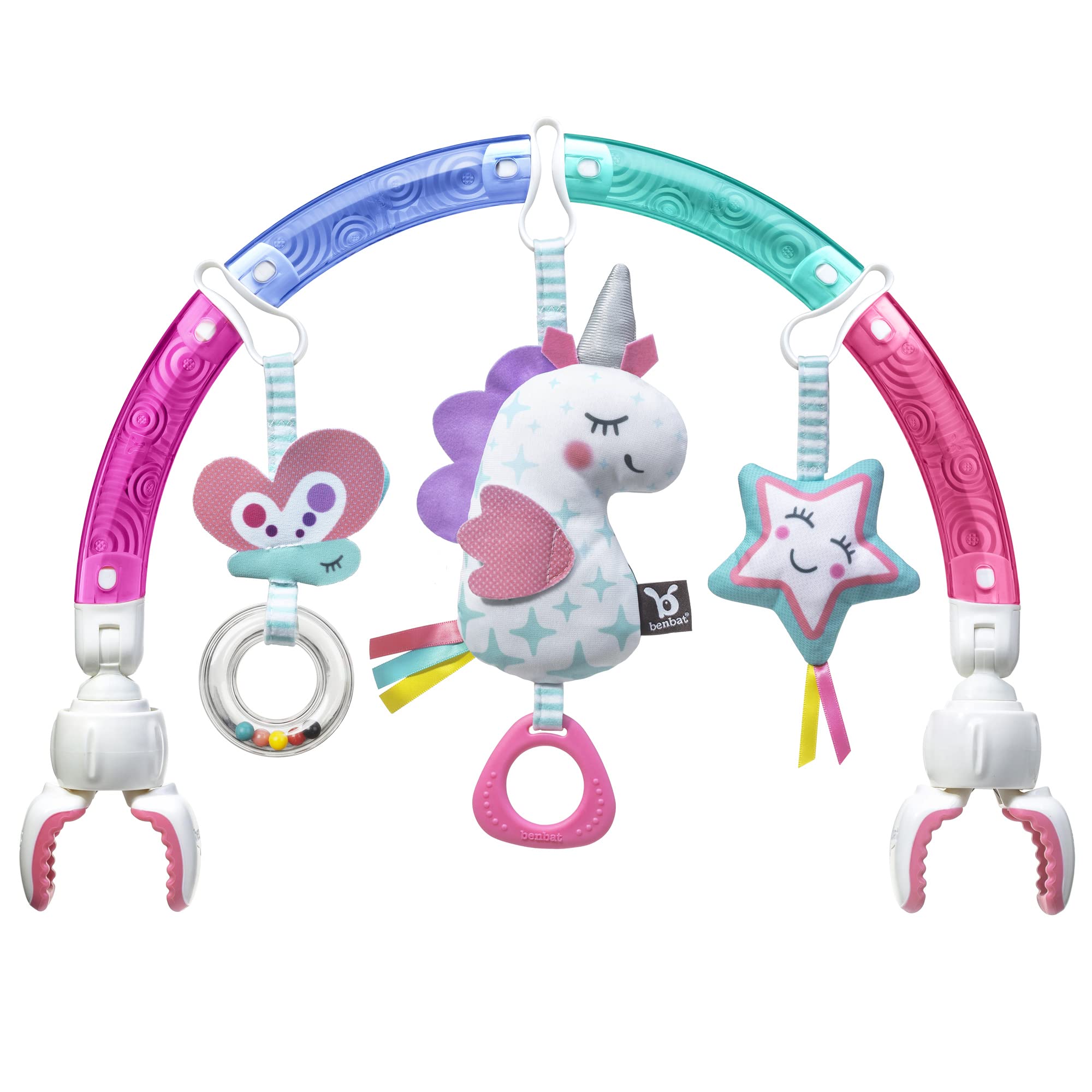 BENBAT Baby Stroller Arch Toy Rainbow Dazzle Friends Play Bar. Fun Newborns Sensory Activity, Adjustable for Bouncers and Car Seat, Unicorn