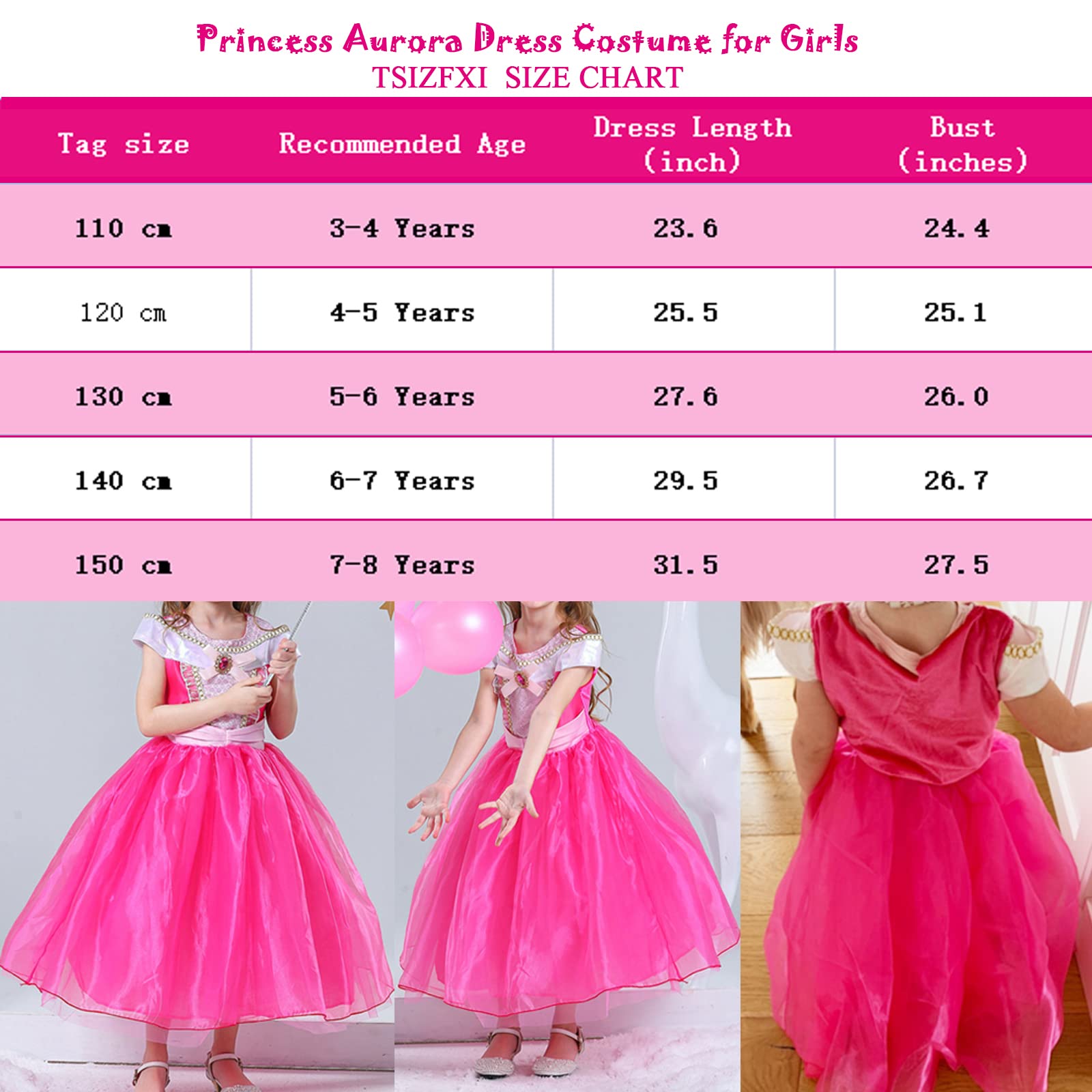 TSIZFXI Princess Costume Little Girls Pink Princess Dress Up Clothes Halloween Outfit with Accessorries 3-8Years(7-8Y/150cm,Pink)