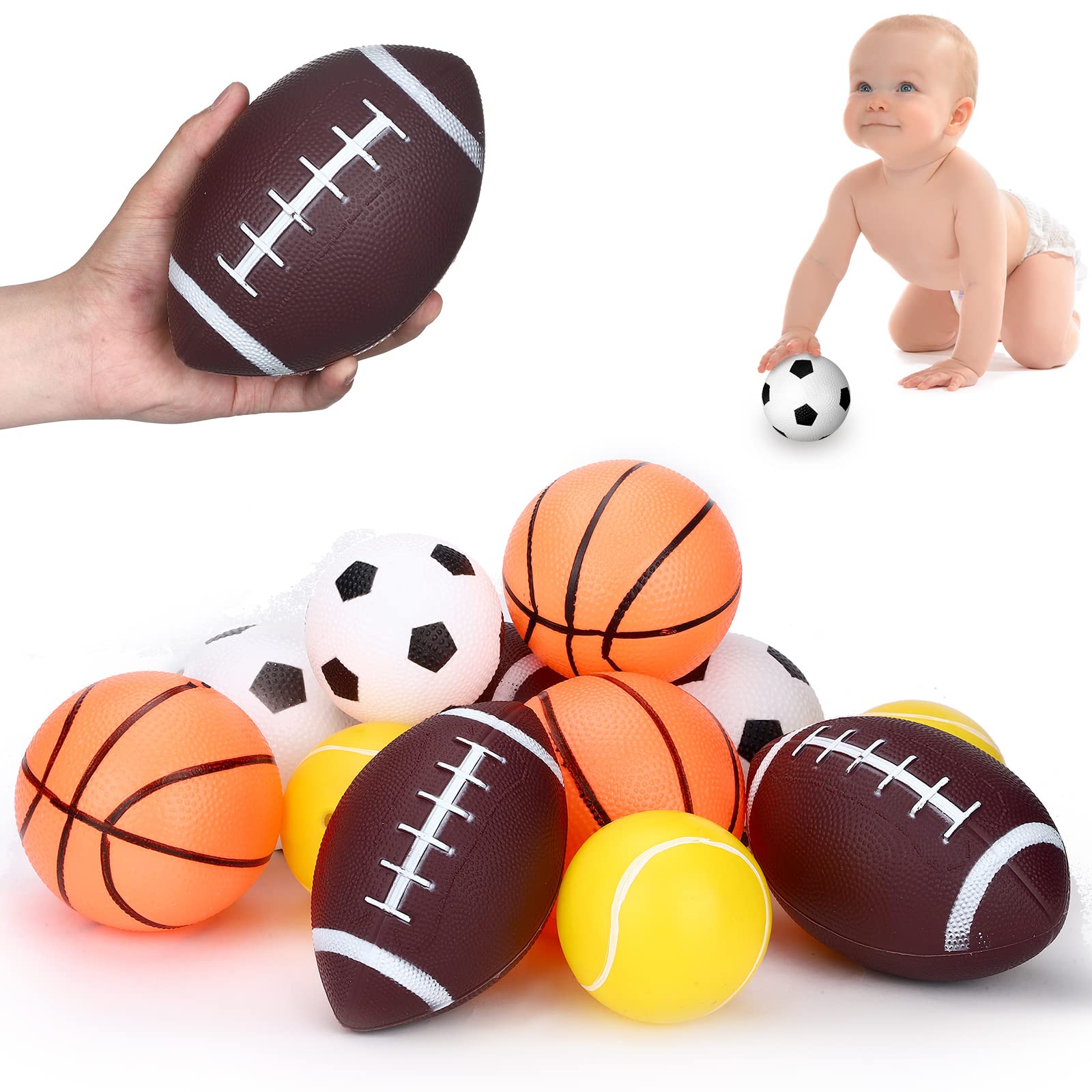 12 Pieces Toddler Balls Sport Balls for Toddlers 1-3 Baby Ball Includes Mini Soccer Ball, Basketball, Football, Tennis Ball Toys Inflatable Balls for Kids Beach Pool Sports Game Party Favors Supplies