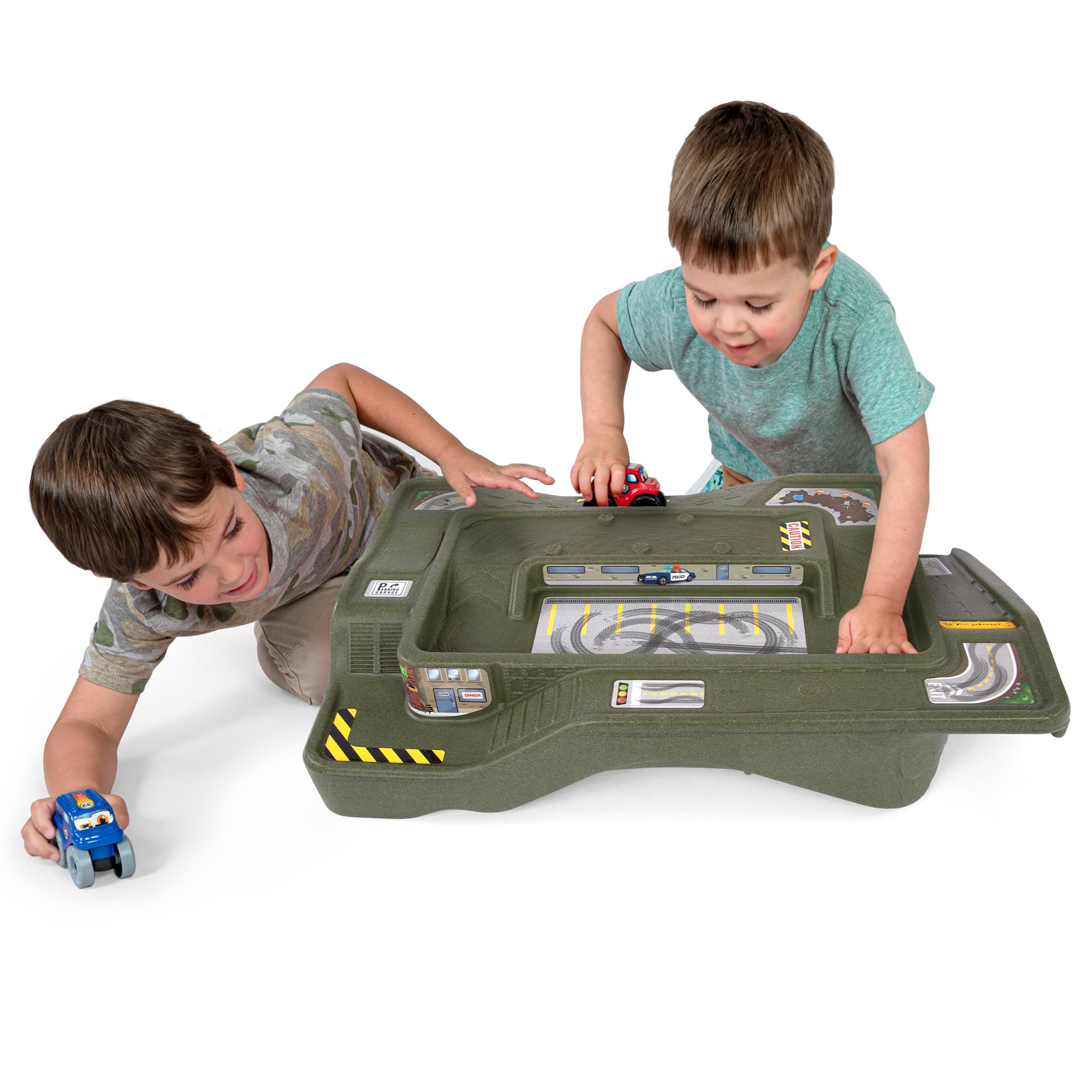 Simplay3 Monster City Extreme Wheels Monster Truck and Car Race Track Table - Red or Green Portable 2 Sided Kids Play Table with 2 Monster Race Trucks - Made in USA