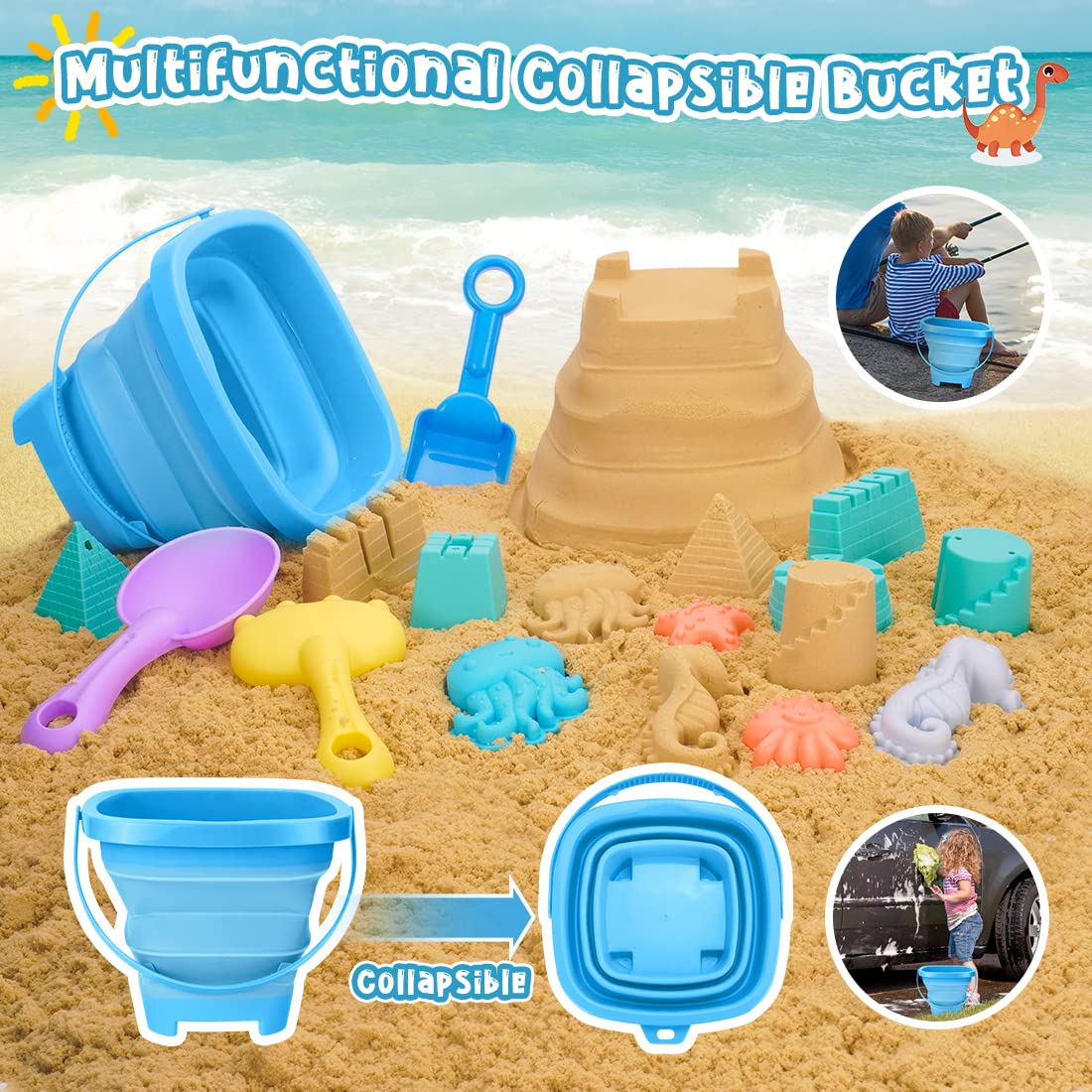 FHOZGECY Beach Toys, 23Pcs Sand Toys, Sandbox Toys with Dump Truck, Collapsible Sand Bucket, Shovel Set, Sand Castle Kit, Animal Dinosaur Molds, Mesh Bag, Travel Toys for Kids Toddlers Boys Girls