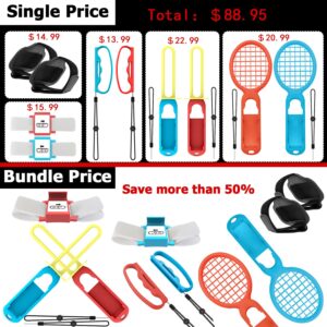 Ermorgen Switch Sports Accessories Bundle, 10 in 1 Kit for Switch Sports Games, with Joycon Fencing Grip for Chambara Game, Leg Straps & Hand Strap, Tennis Badminton Rackets and Bowling Grip