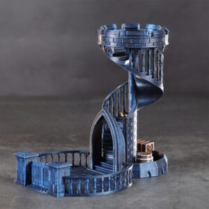 auspdice dice rolling tower and tray with spiral stairs perfect for board game, d&d dungeons and dragons, rpg and pathfinder role playing games (antique blue color)