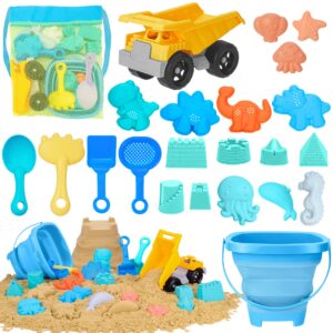 fhozgecy beach toys, 23pcs sand toys, sandbox toys with dump truck, collapsible sand bucket, shovel set, sand castle kit, animal dinosaur molds, mesh bag, travel toys for kids toddlers boys girls