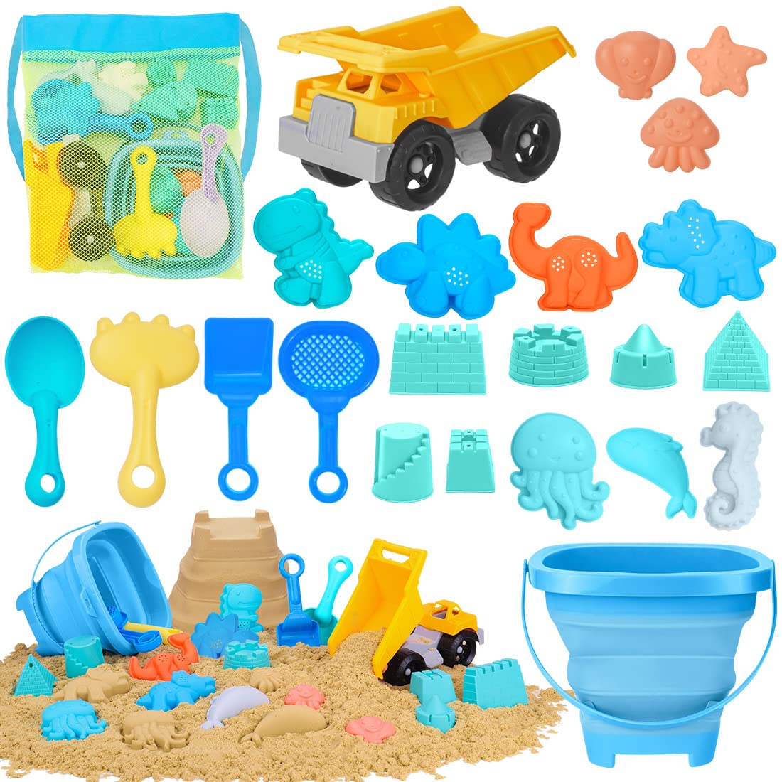 FHOZGECY Beach Toys, 23Pcs Sand Toys, Sandbox Toys with Dump Truck, Collapsible Sand Bucket, Shovel Set, Sand Castle Kit, Animal Dinosaur Molds, Mesh Bag, Travel Toys for Kids Toddlers Boys Girls