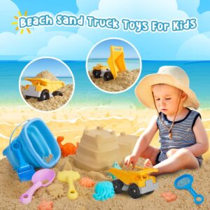 FHOZGECY Beach Toys, 23Pcs Sand Toys, Sandbox Toys with Dump Truck, Collapsible Sand Bucket, Shovel Set, Sand Castle Kit, Animal Dinosaur Molds, Mesh Bag, Travel Toys for Kids Toddlers Boys Girls