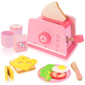 wooden pop-up toaster playset, 14pcs kitchen toys with bread butter knife cheese vegetable tomato milk yogurt fried egg, play kitchen accessories for boys girls age 3-6