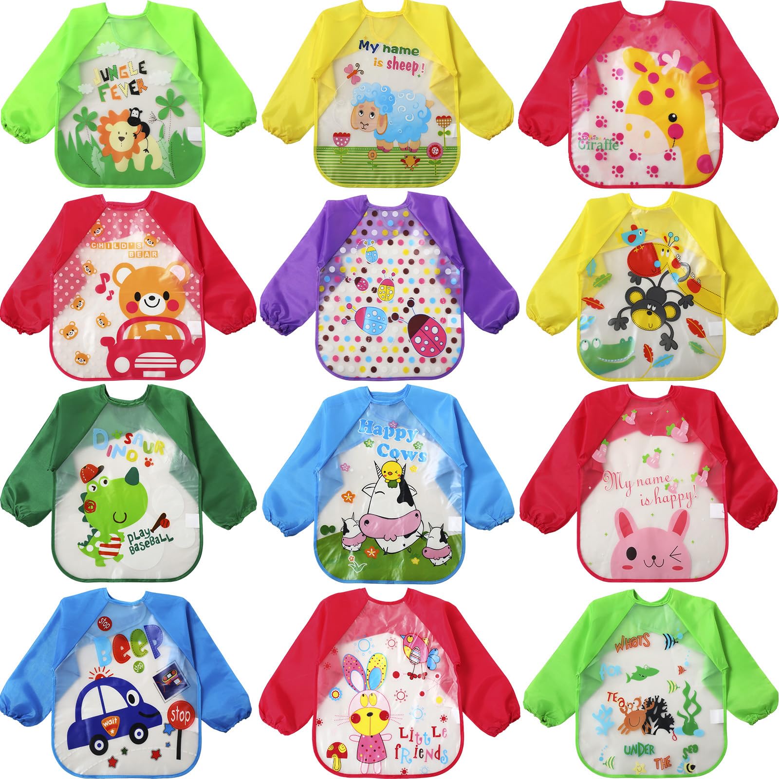 JaGely 12 Pcs Kids Art Smocks Toddler Smock Waterproof Painting Aprons Children Apron with Long Sleeve Washable Bib for Baby Eating (Classic)