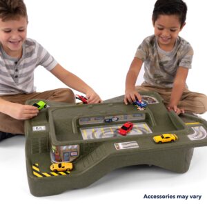 Simplay3 Monster City Extreme Wheels Monster Truck and Car Race Track Table - Red or Green Portable 2 Sided Kids Play Table with 2 Monster Race Trucks - Made in USA