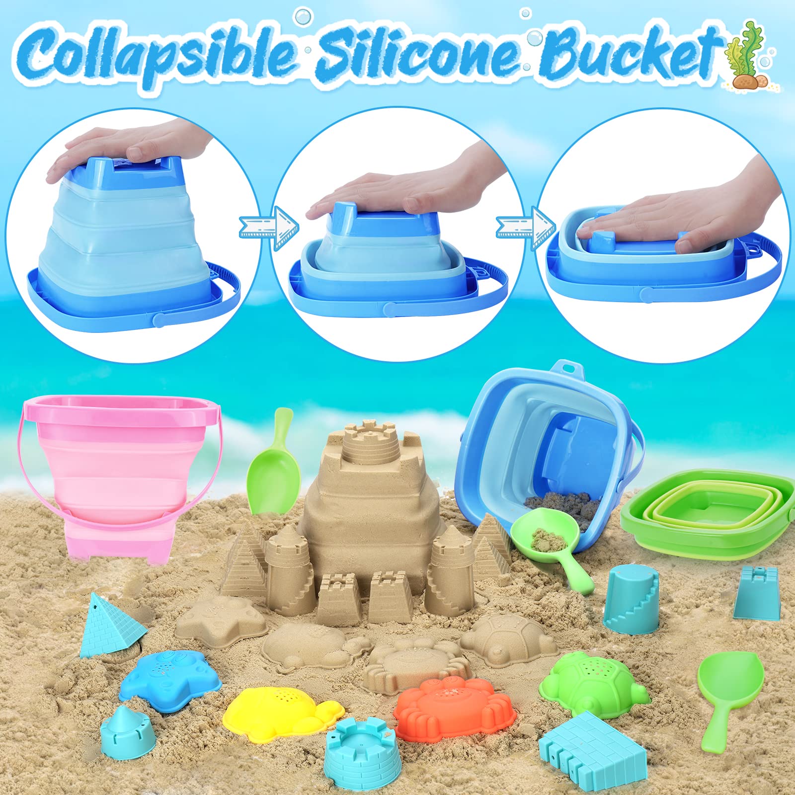 RACPNEL Collapsible Foldable Beach Sand Buckets and Shovels Set - Beach Toys for Kids with Mesh Bag & Sand Molds, Silicone Beach Sand Pails for Travel, Kids and Toddlers