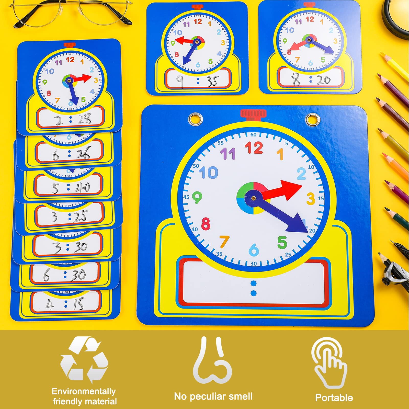 Junkin 25 Pcs Teaching Clock Kit, Clocks Practice Clocks for Kids Learning Time with Erasable Surface for Home School Classroom Supplies (Cute Style)