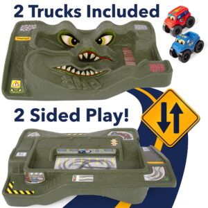 Simplay3 Monster City Extreme Wheels Monster Truck and Car Race Track Table - Red or Green Portable 2 Sided Kids Play Table with 2 Monster Race Trucks - Made in USA