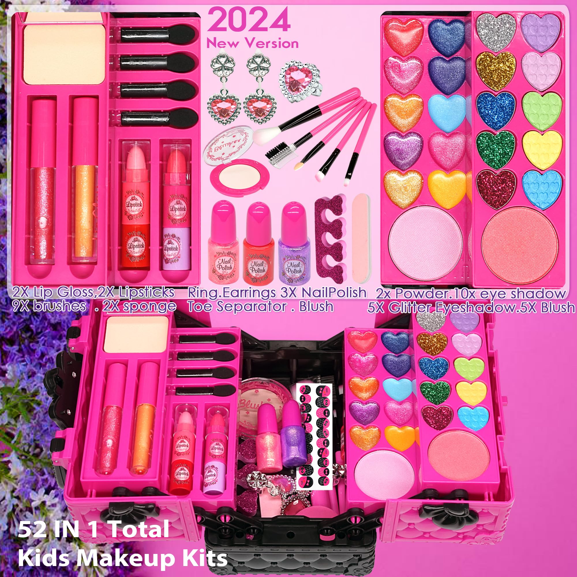 Kids Makeup Kit for Girl - 52 PCS Safe and Washable Makeup for Kids, Real Girls Makeup Kit, Toddler Makeup Kit with Cosmetic Case, Girls Toys Age 4-12, Princess Toys Birthday Gifts for Girls