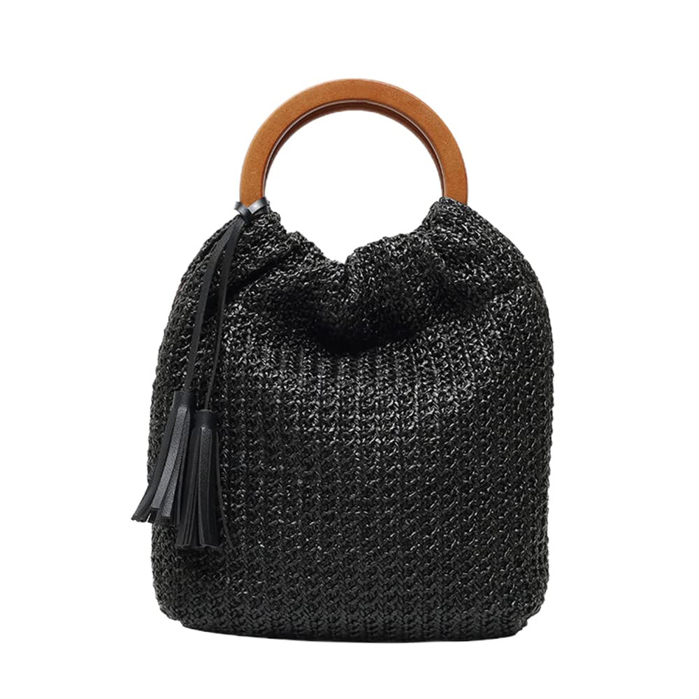 Straw Woven Bag Simple Handbag (black)