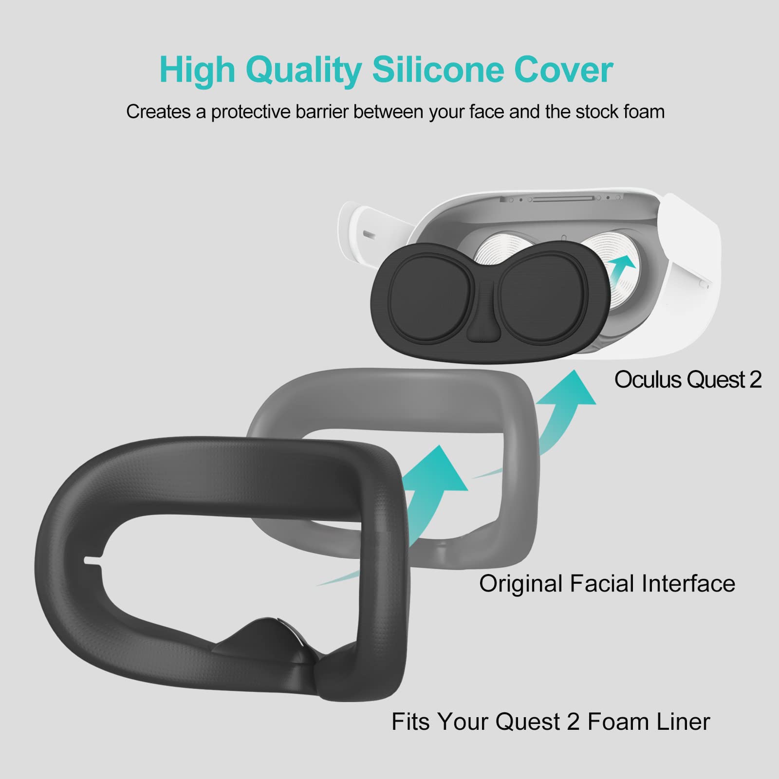 SUPERUS Silicone Face Cover Pad for Oculus/Meta Quest 2 with Lens Protector, Anti-Light Leakage Cleanable Face Pad & Lens Cover Accessories Kit Keep Your VR Headset Sweat-Free (Black)