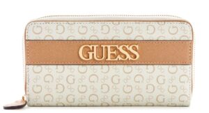 guess women's white tan logo zip-around wallet clutch bag