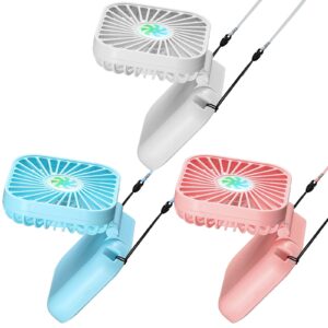 hortsun 3pack necklace fan portable neck hanging fan mini fan handheld fan for cooling small personal hands free fan usb rechargeable battery 3 speed air circulatory fan (blue, pink, white)