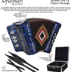 SofiaMari NSM3412 Accordion Package: 34 Button, 12 Bass, 3 Switch Accordion with Case and Straps (Sol/GCF Deep Blue Pearl) (NSM-3412-DBP-SOL)