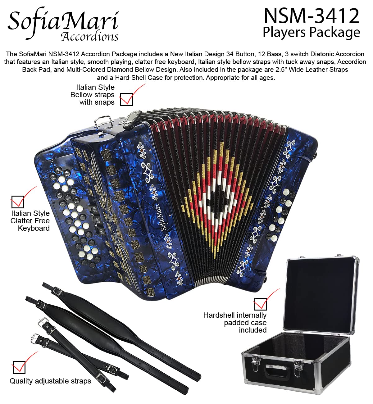 SofiaMari NSM3412 Accordion Package: 34 Button, 12 Bass, 3 Switch Accordion with Case and Straps (Sol/GCF Deep Blue Pearl) (NSM-3412-DBP-SOL)