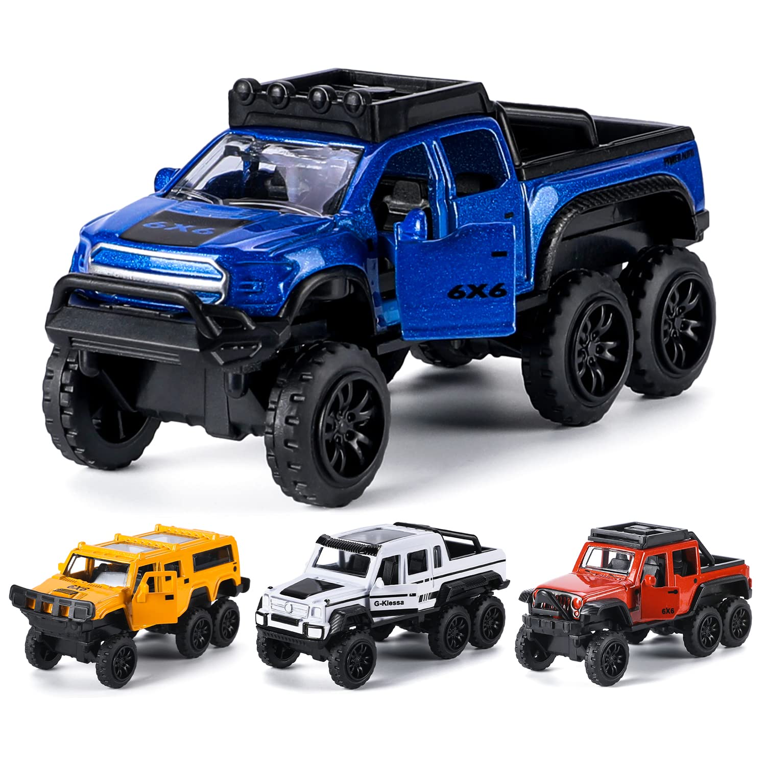 weilaga 4 PCS Pull Back Off-Road Cars,Die-cast Metal Toy Vehicles with Openable Doors for Kids Boys Girls