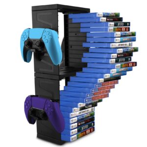 sikemay game storage tower for ps5/ ps4/ xbox series s & x/xbox, universal video games discs organizers 24 pcs with 4 controllers holder, game disk box stand rack accessories - black