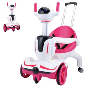 kids 3-in-1 electric robot buggy, toddler electric ride on car, robot scooter with remote control/speed adjustment/emergency stop, 3 functions of electric car/robot scooter/push buggy-pink white