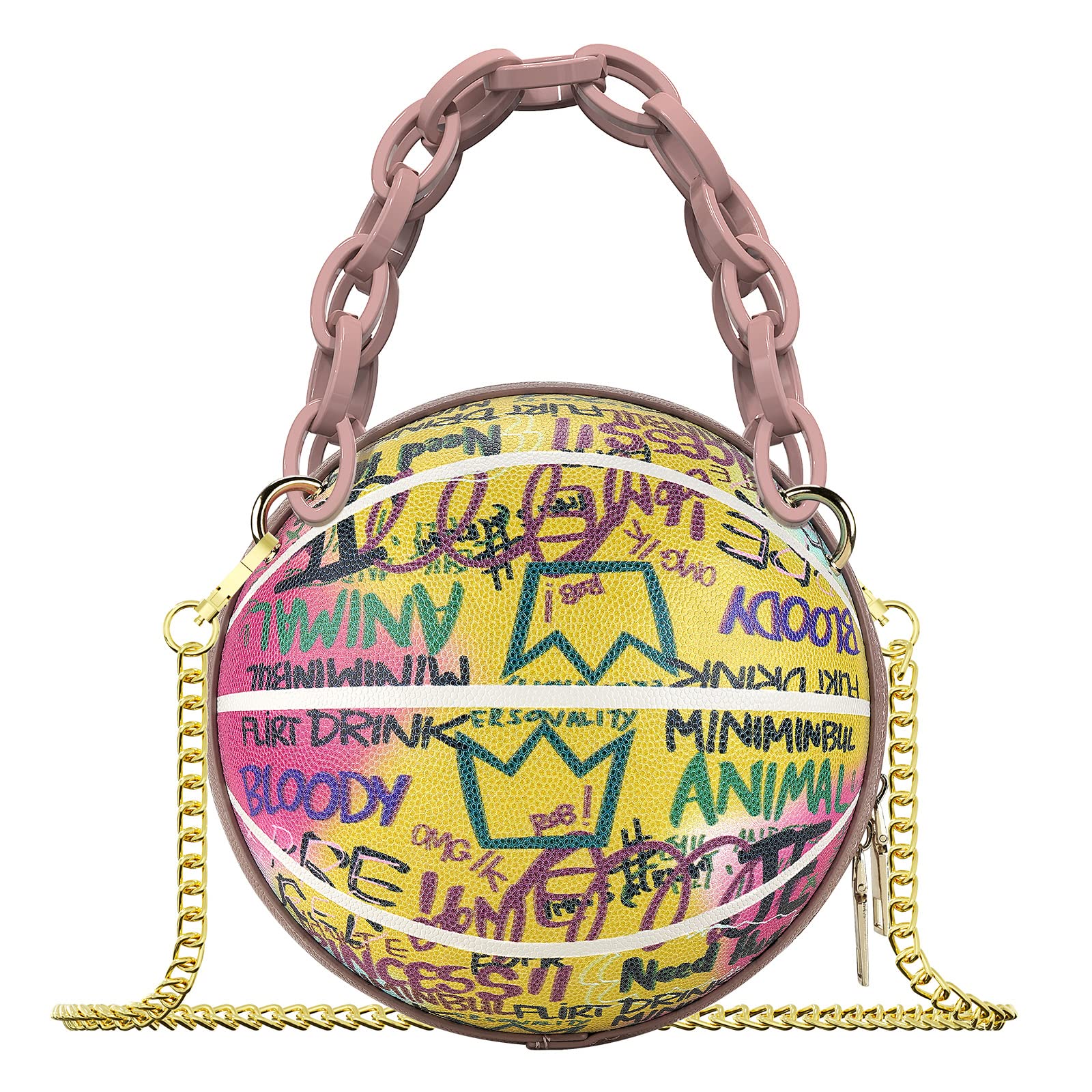 Linkidea Basketball Shaped Purses for Women, Graffiti Letter Girls Mini Round Bag, Vegan Leather Shoulder Crossbody Messenger Handbag (Pink)