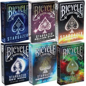 bicycle stargazer collection: 6-deck collector's bundle with new moon, observatory, nebula, sunspot, and falling star designs