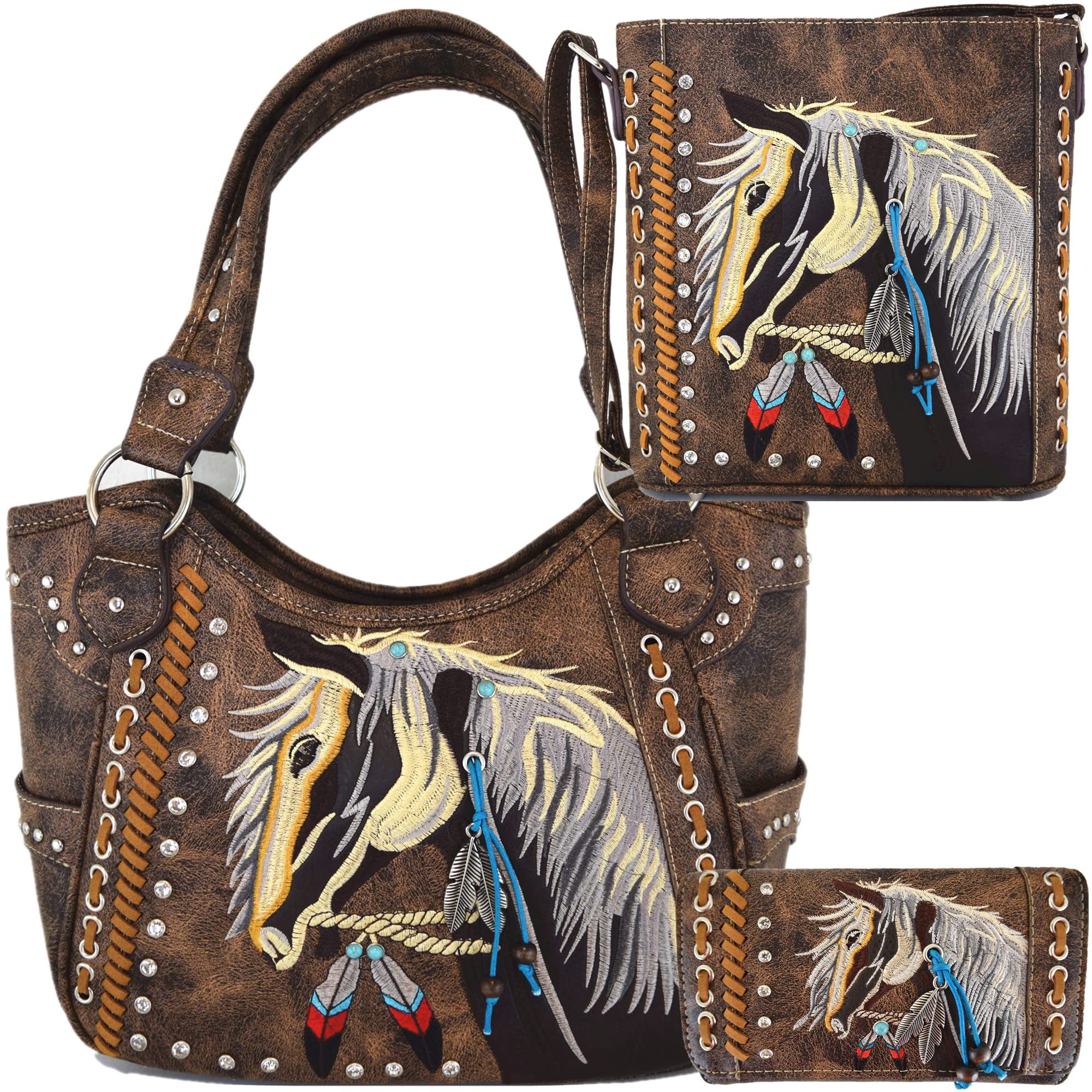 Western Style Horse Concealed Carry Purse Cowgirl Handbag Country Shoulder Bag Crossbody Wallet Set Brown