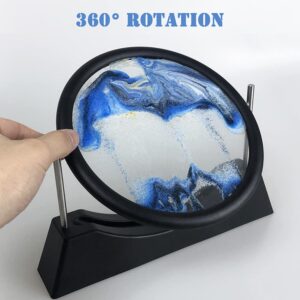 Oneshow Moving Sand Art Picture Flowing Sand Painting 3D Deep Sea Sandscape Liquid Motion Display 360° Rotation Round Glass Frame Relaxing Desktop Home Office Decor for Adult Desk Art (Blue)