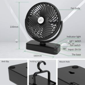 10000mAh Portable Camping Fan for Tent with LED Light- USB Desk Fan Rechargeable Battery Operated with Hanging Hook for Hiking, Hurricane, Camping, Emergency Survival Gear