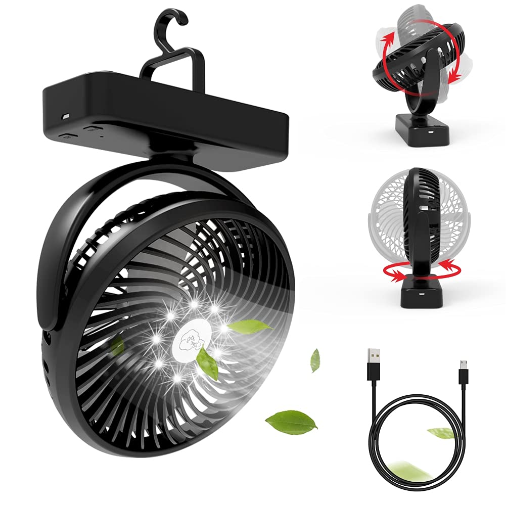 10000mAh Portable Camping Fan for Tent with LED Light- USB Desk Fan Rechargeable Battery Operated with Hanging Hook for Hiking, Hurricane, Camping, Emergency Survival Gear