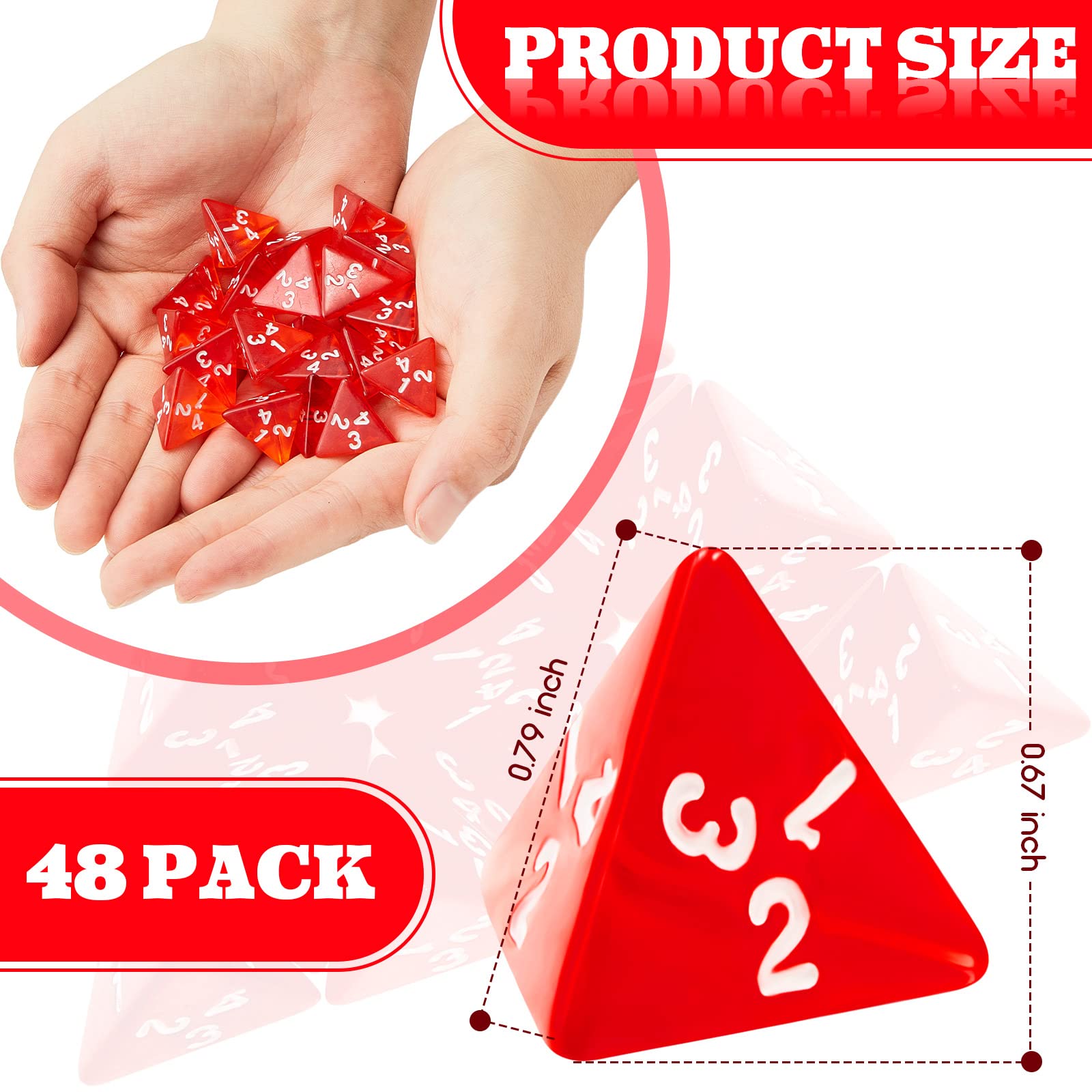 Juexica 48 Pcs Red D4 Dice Bulk Cone Transparent 4 Sided Dice 0.8 Inch Clear Red Dice Polyhedral Tiny Dice Mini Dice Set Role Playing Dice for Party Table Games Toys