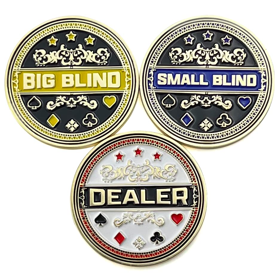 Luck Lab Set of 3 Metal Poker Buttons - Dealer Button, Big Blind and Small Blind Metal Weights (Position Markers) for Texas Hold Em - 1.75 inch