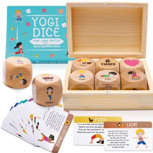 garybank kids yoga wooden dice with yoga cards, fun exercise dice for kids workout equipment, workout dice game for kids solo or group, 12 yoga cards for kids with wooden gift boxes, yoga for kids