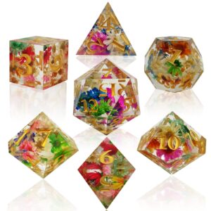 ahdkejg dnd dice set d&d dungeons and dragons rpg mtg d20 polyhedral pathfinder role playing d and d table games accessories resin dice with sharp edges gift storage bag- flower